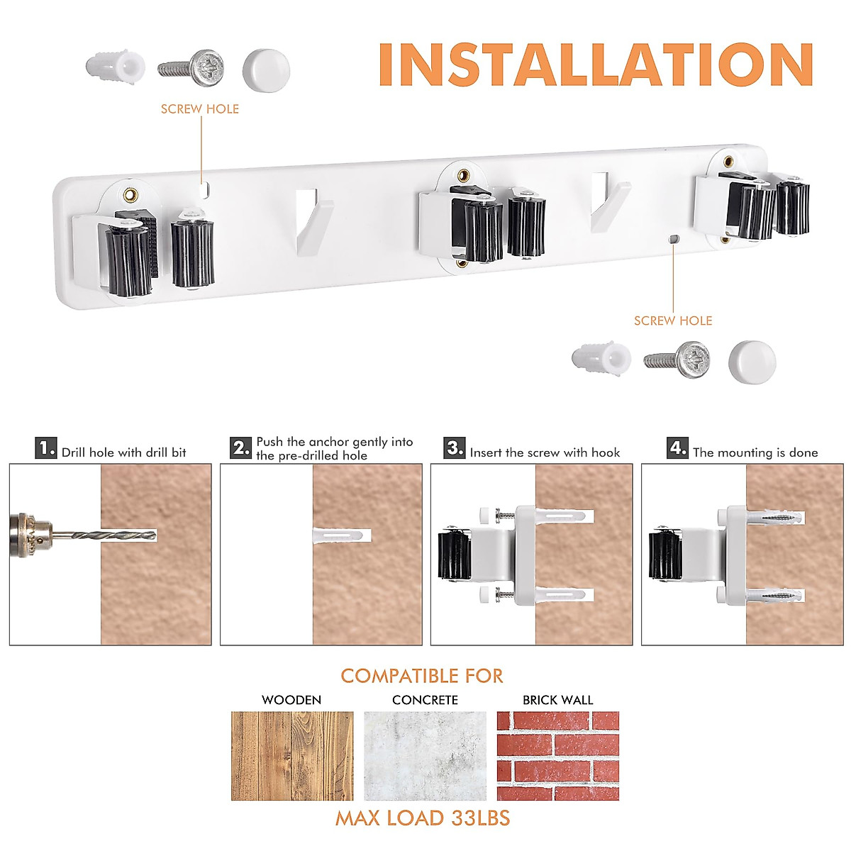 LIGHT DUST Broom Mop Holder Rack - 2 Pack Broom Organizers - Wall Mount Over the Door Mop Hangers with Hooks Slots Combination - Hanging Grip for Household Supplies Storage Organization (White)