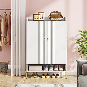 Tribesigns Shoe Cabinet Storage Entryway: Slim 6-Tier Shoe Organizer Cabinet with Adjustable Shelves, Freestanding Wood Shoe Rack with Doors for Entryway, Hallway, Living Room - White