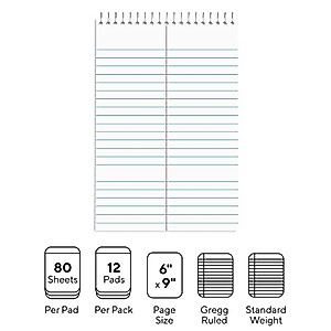 STAPLES White Paper Steno Pads, Gregg Ruled, 6" x 9", 12/Pack