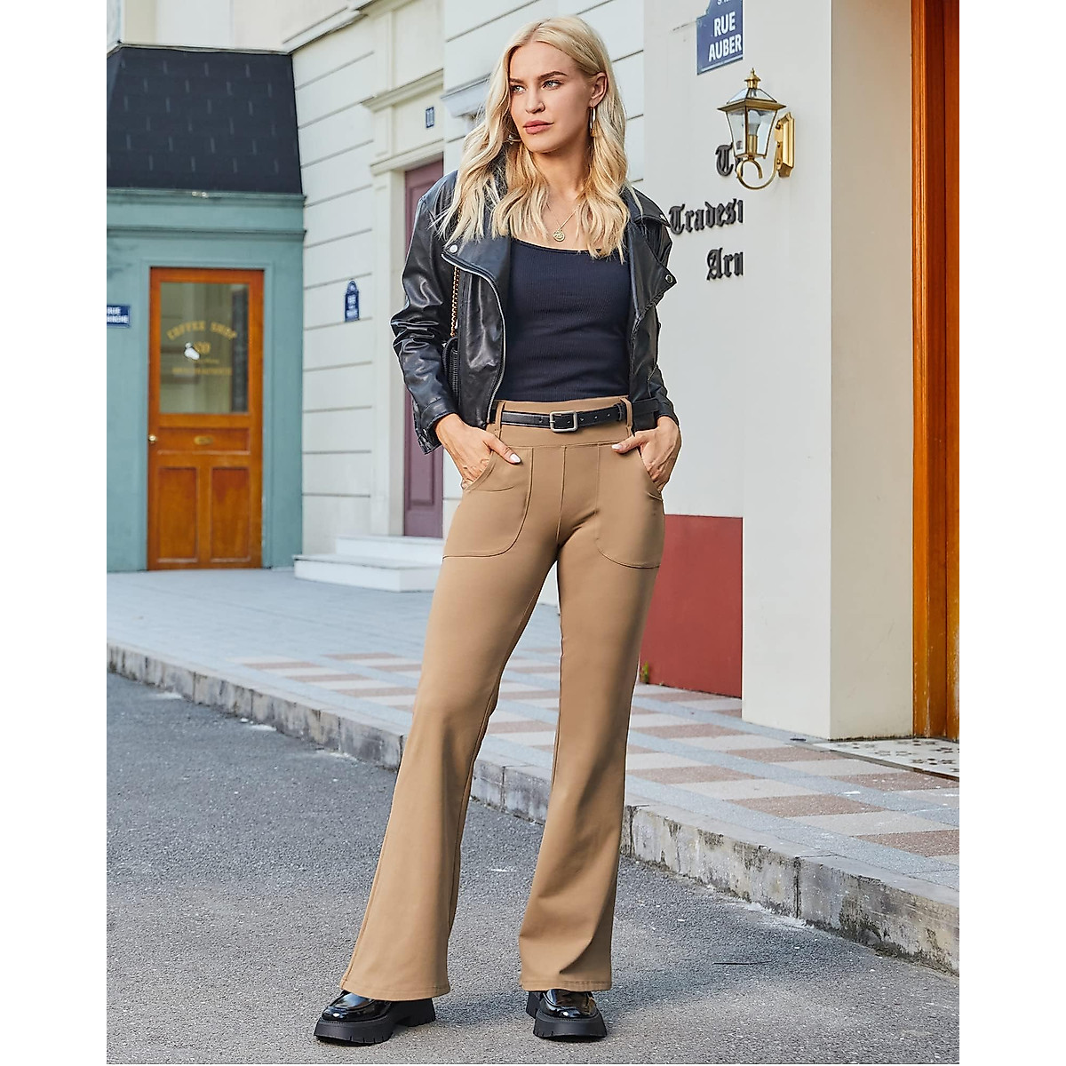 G4Free Womens Fleece Lined Bootcut Pants High Waist Winter Warm Thermal Yoga Dress Pants Stretchy Casual Slacks(Brown,L)