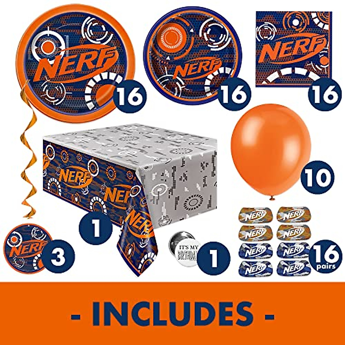 Mega Nerf Party Supplies for Birthday, Decorations, and Favors, Serves 16 Guests, Easy Setup and Takedown with Plates, Napkins, and More