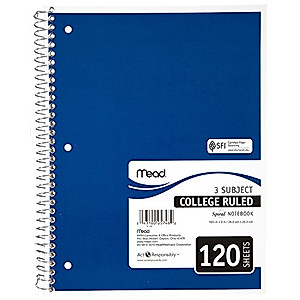 Mead Spiral Notebook, College Ruled, 3 Subject, 120 Sheets, 10.5" x 8", Assorted Colors, 6 Pack