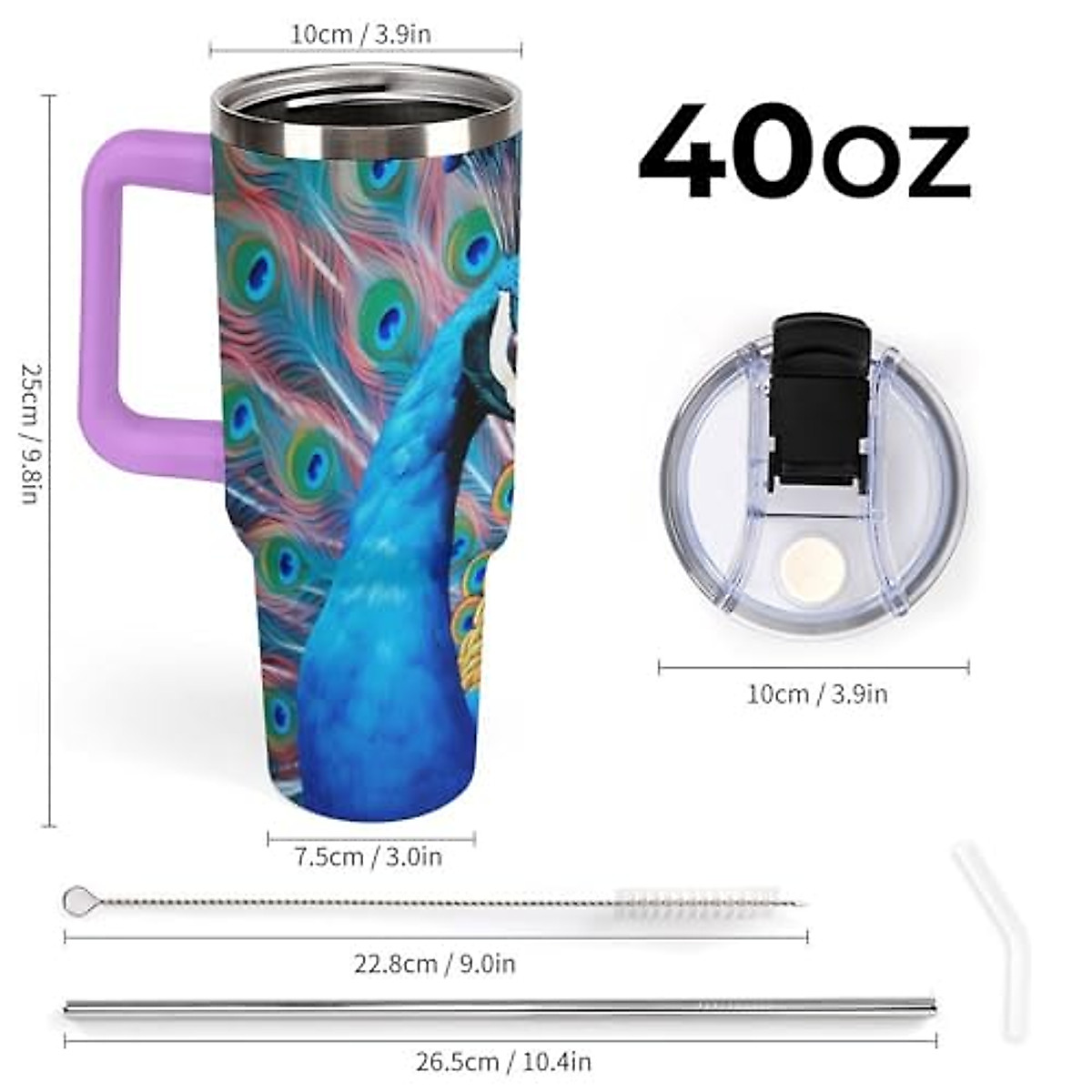 Peacock 40 Oz Car Cup Stainless Steel Travel Mug Leak-Proof Insulated Tumbler with Handle Violet-style