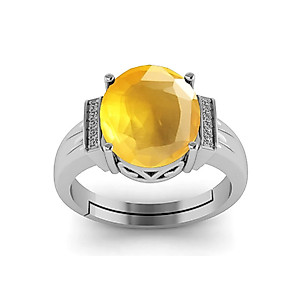 LMDPRAJAPATIS 7.25 Ratti Natural AA+ Quality Stone Yellow Sapphire Silver Plated Statement Ring For Women's