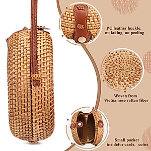 Kajaia Round Rattan Bag for Women Straw Crossbody Bag with 2 Pairs Rattan Earrings Beach Lightweight Geometric Boho Earrings Summer Jewelry Shoulder Leather Strap Natural Wicker Woven Bag