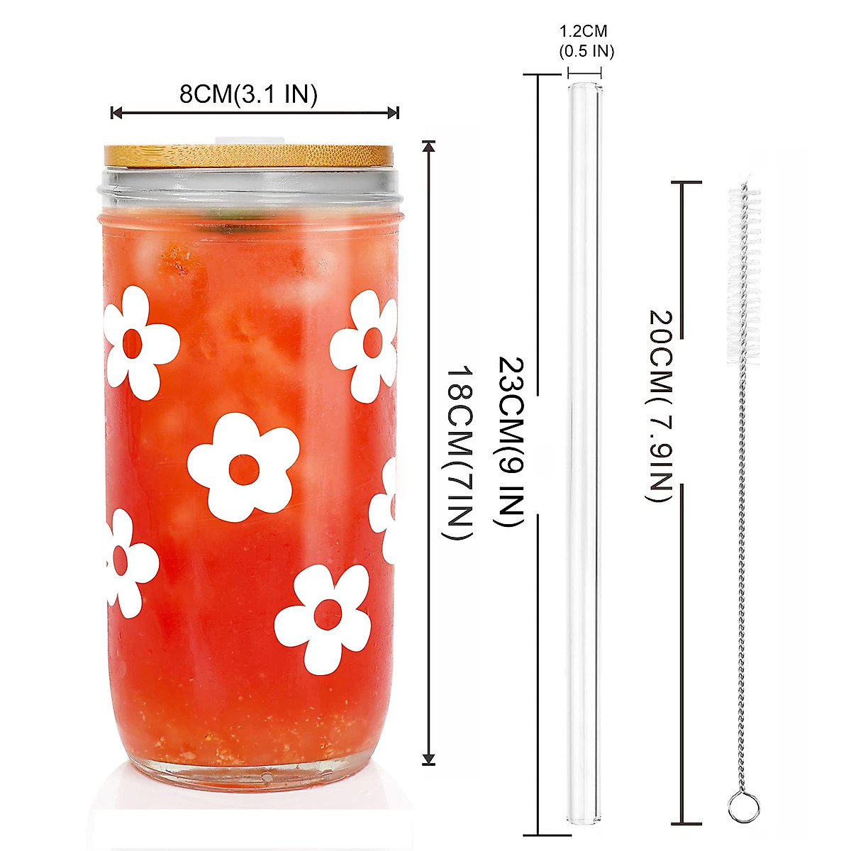 ANOTION Cute Glass Cups with Lids and Straws, Mason Jars with Flower Design, Bamboo Lid, Iced Coffee Cups Tumbler Drinking Glasses Travel Coffee Mug Perfect for Coffee, Smoothies, Boba Tea, and Wine