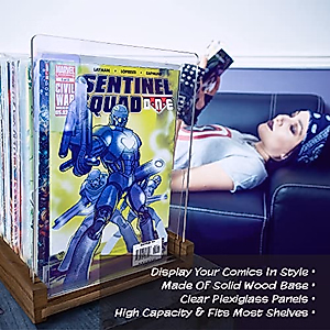 Comic Book Storage Holder - Display Case for Collectors – Patent Pending Wood & Acrylic Comics Box, Bin & Organizer - Magazines & Books Boxes for Organization - Stores Up To 150 Issues - 14.5x8 Inches (Dark Walnut)