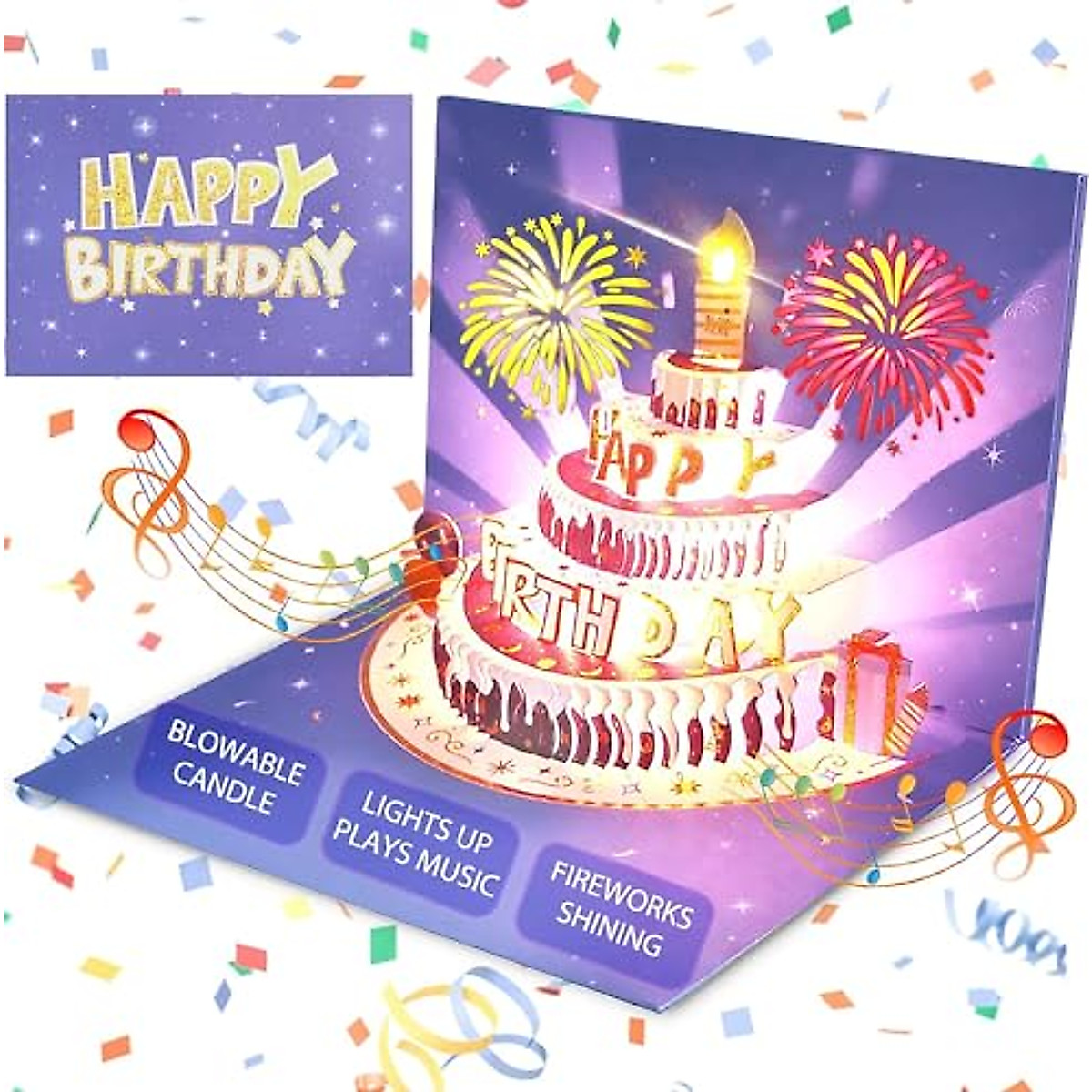 OLOSONG 3D Pop-Up Birthday Card with Music and Fireworks, Lavender, Unisex-Adults