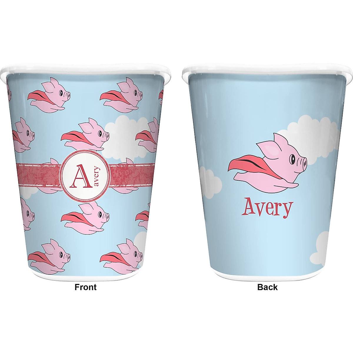 RNK Shops Personalized Flying Pigs Waste Basket - Double Sided (White)