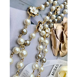 Designer Inspired Long Double Pearl Strand Layered Camellia Flower Pendant Necklace for Women, Dainty Sweater Necklace for Party, Vintage Costume Jewelry