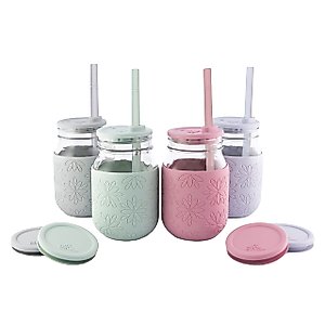 Elk and Friends 16 oz Mason Jar Cups with Silicone Lids + Silicone Straws | Pint Glass Jars | Smoothie Cups | Drinking Glasses | Oats Container + Food Storage | 4 Pack | Multiple Color Options