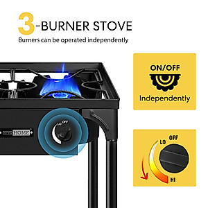 VIVOHOME Outdoor 3-Burner Stove, Max. 225,000 BTU/hr, Heavy Duty Tri-Propane Cooker with Detachable Legs Stand for Camping Cookout
