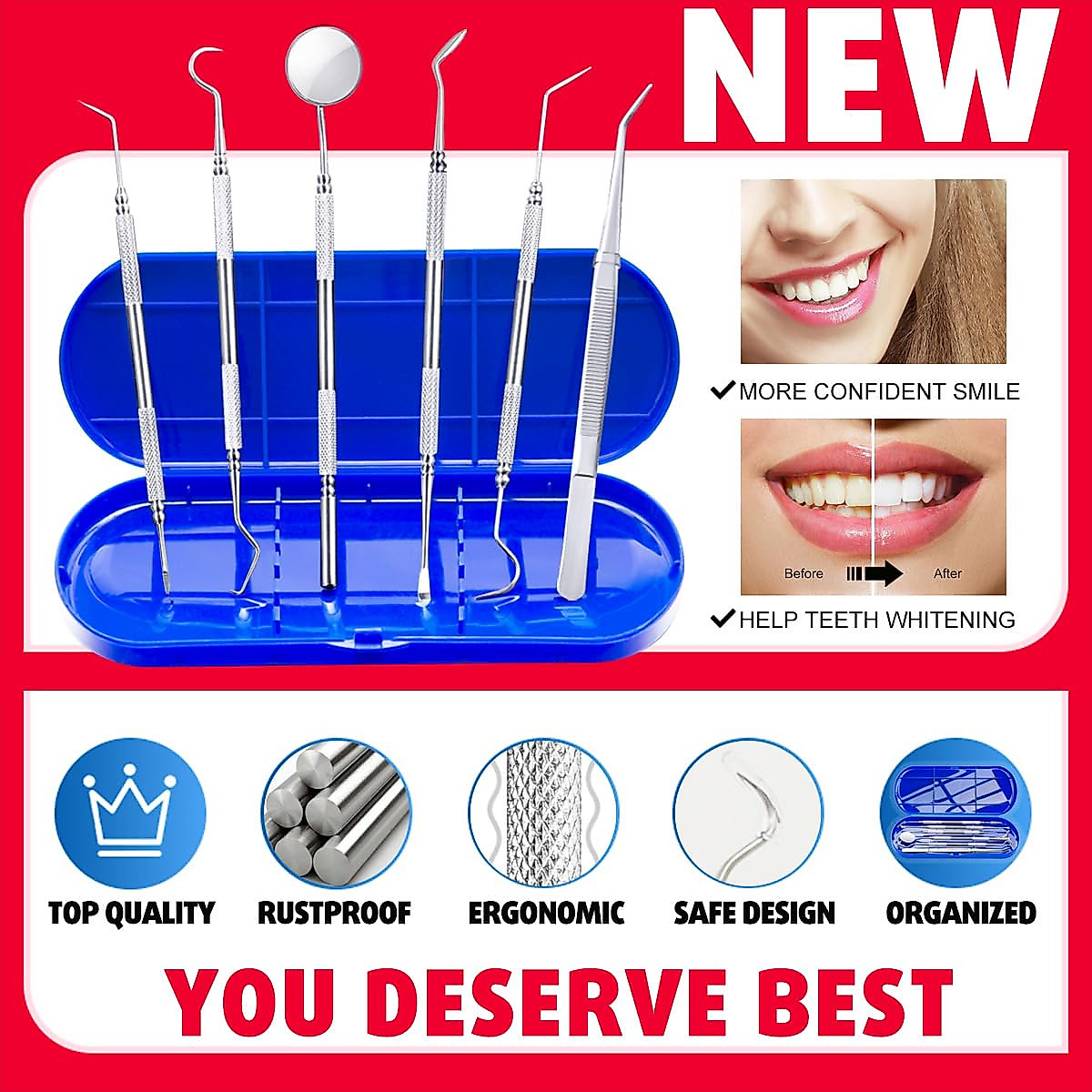Antonki 6 Pack Teeth Cleaning Dental Tools, Plaque Remover Dental Hygiene Kit, Stainless Steel Professional Tooth Tartar Scraper for Home Use - with Case