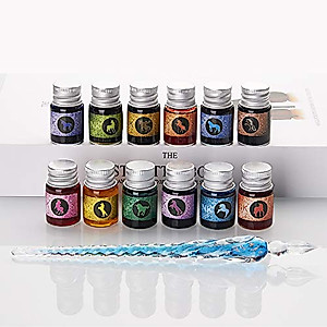 mancola Glass Dipped Pen Ink Set Handmade Crystal Calligraphy Pen with 12 Colorful india ink for Art, Signatures, Drawing, Decoration, Calligraphy Kits for Beginners Ma-13