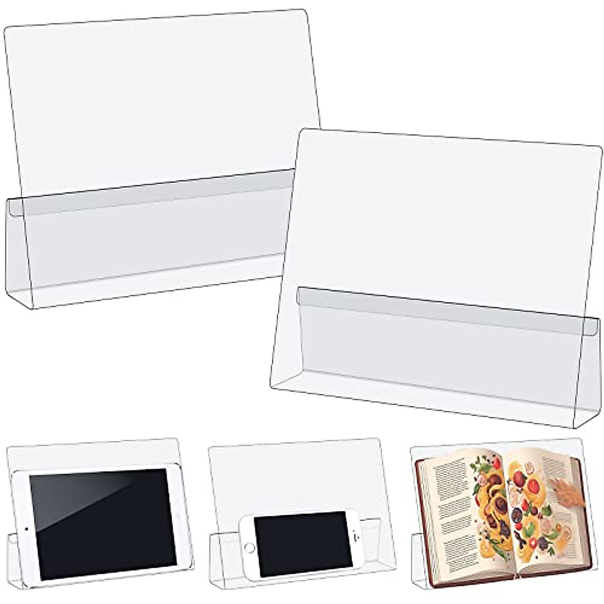 Sintuff 2 Pieces Acrylic Cookbook Holder Stand Clear Cookbook Holder for Kitchen Counter Transparent Recipe Book Stand Easy Viewing Tablet Holder, Fit for Cooking Baking Reading Displaying