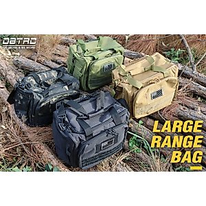 DBTAC Gun Range Bag Large | Tactical 4+ Pistol Shooting Range Duffle Bag for Handguns and Ammo with 2X Removable Hook & Loop Divider for DSLR | US Flag Patch + Universal Holster Included (Black Camo)