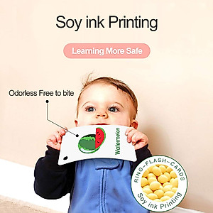 Preschool Learning Flash Cards Set of 4, Numbers, Alphabets, Colors, and Fruits, 100 Cards with 200 Pictures Early Educational Toy Gift for Kindergarten Tuddler Double-Sided Cards with Buckle