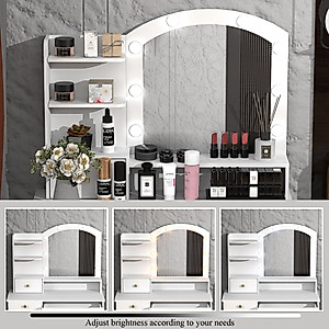 MISHAO Vanity Desk Set w/Mirror & Lights, 37" Makeup Vanity Table w/Chair & Power Outlet, Storage Drawers & Open Shelves, 3 Color Modes & Adjustable Brightness Dressing Table for Bedroom, White