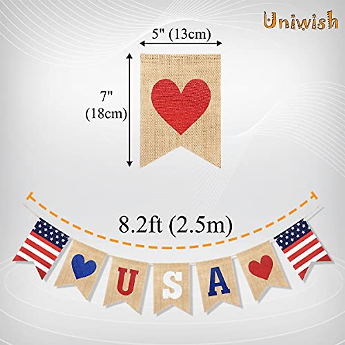 Uniwish USA Banner Burlap Bunting 4th of July Decorations American Independence Day Celebration Red White and Blue Theme Party Supplies