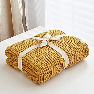 100% Cotton Navy Blue Cable Knit Throw Blanket with Bonus Laundering Bag - Large Thick, 2.5 Pounds,Extra Cozy, Machine Washable, Comfortable Home Decor (Mustard Yellow Stripe Pattern, 60"x80")