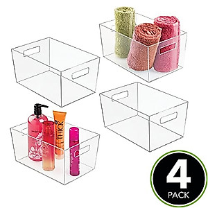 mDesign Plastic Bathroom Organizer Storage Bin with Handles for Organizing Hand Soaps, Body Wash, Shampoos, Conditioners, Hand Towels, Hair Accessories, Body Spray, Mouthwash - Large, 4 Pack - Clear