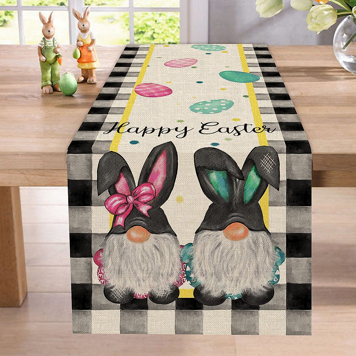 Seliem Happy Easter Bunny Gnome Eggs Table Runner, Black White Buffalo Plaid Check Home Kitchen Holiday Rabbit Decor, Spring Farmhouse Polka Dots Burlap Dining Decorations Party Supply 13 x 72