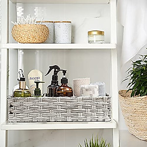 [Larger Compartments] Toilet Tank Topper Paper Basket - Multiuse Hand Woven Plastic Wicker Basket with Divider for Organizing, Rustic Farmhouse Bathroom Decor, Countertop Organizer Storage, Gray Wash