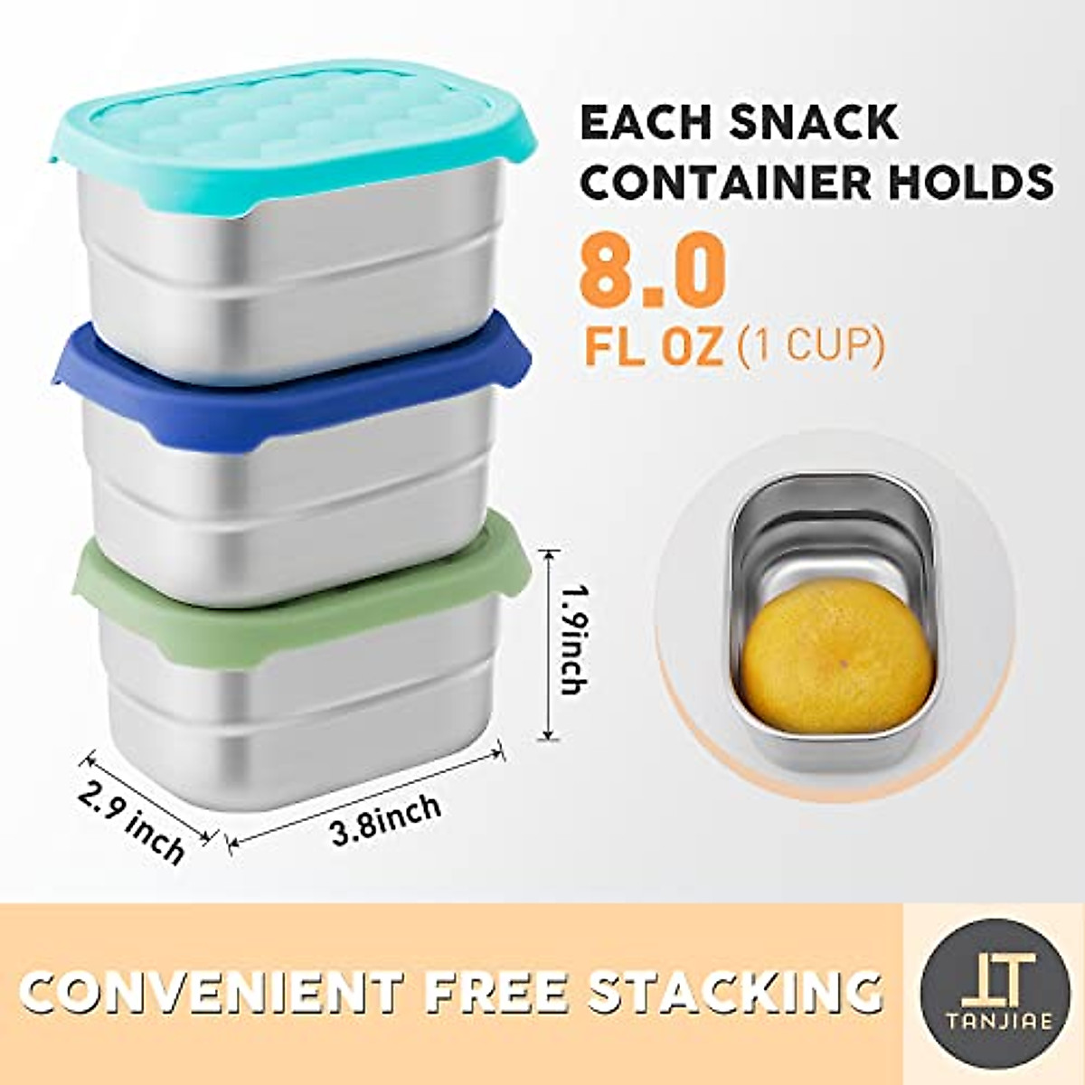 Tanjiae Stainless Steel Snack Containers for Kids | Easy Open Leak Proof Small Food Containers with Silicone Lids - Perfect Metal Toddler Lunch Box for Daycare and School (8oz)