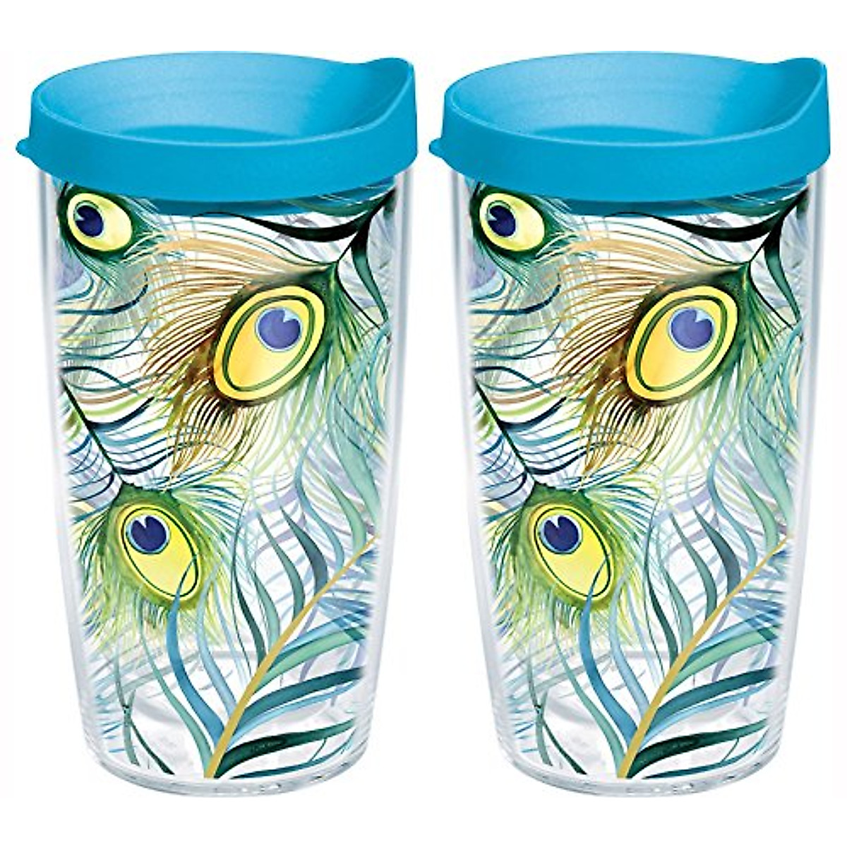 Tervis Peacock Tumbler with Wrap and Turquoise Lid 16oz, Clear