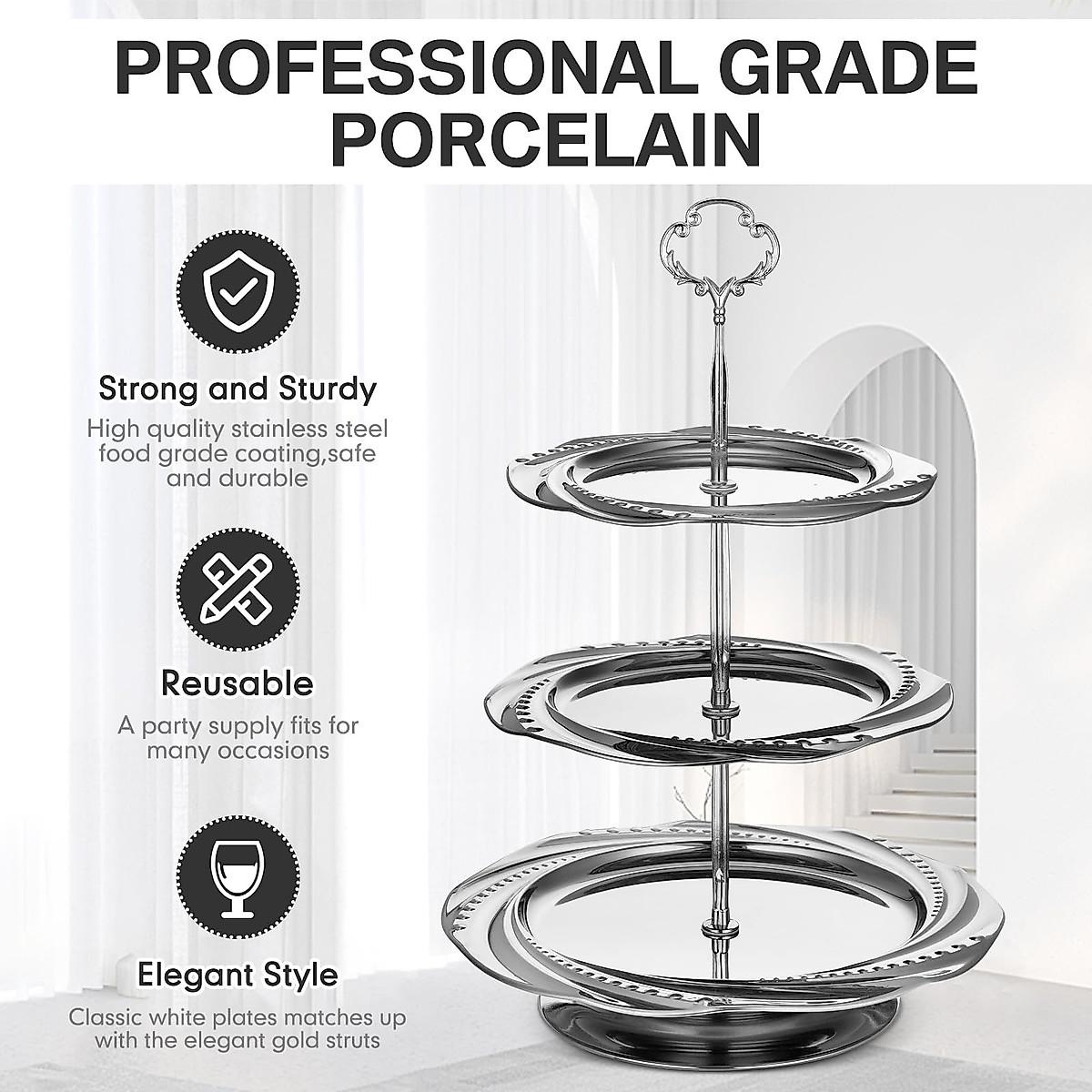 Zhehao 2 Set of Cake Stand Stainless Steel 3 Tiered Serving Stand Dessert Fruit Cupcake Tray Buffet Candy Cup Cake Holder Tea Party Tiered Stand Table Decorations for Wedding Birthday (Silver)