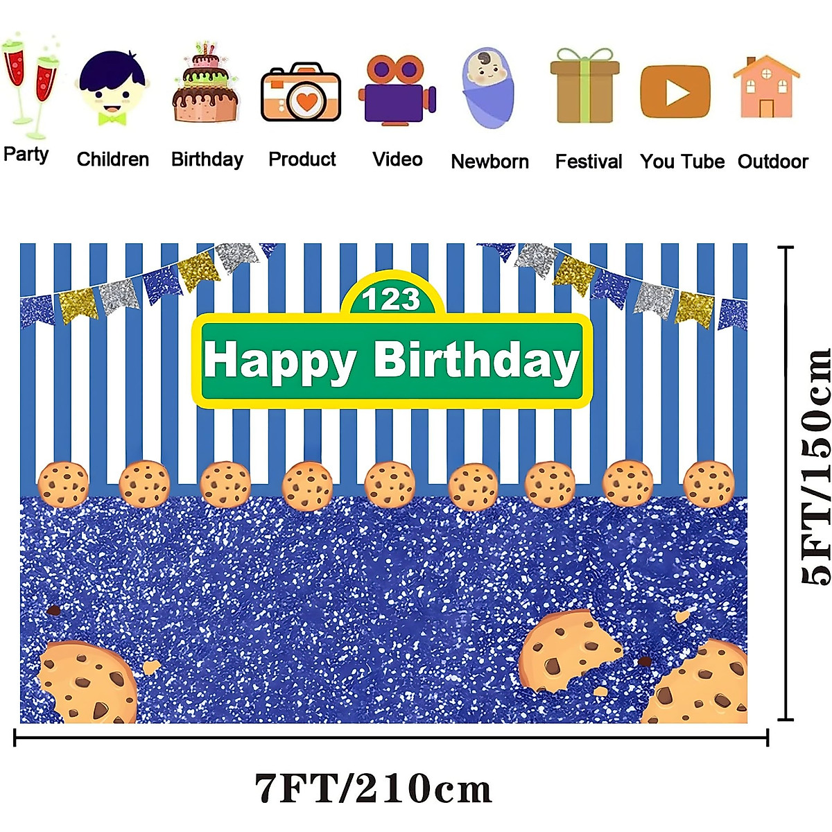 Children's Birthday Photography Backdrop Blue and White Stripes 123 Birthday Party Backdrop Banner Decoration Portrait Photography Props Photo Studio 7x5FT