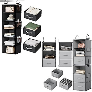 Pipishell Hanging Closet Organizer 6-Shelf, Hanging Shelves for Closet with 3 Removable Drawers & Side Pockets, Hanging Shelf Organizer for Bedroom or Garment Rack