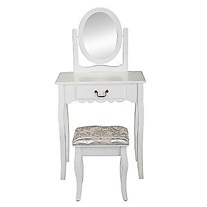 Vanity Table and Chair Set, Makeup Dressing Table with 360° Rotating Mirror and Large Drawer - White,White