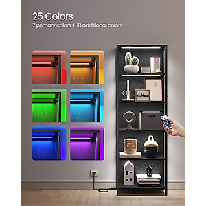 VASAGLE 6-Tier LED Bookshelf, Display Shelf with Dimmable Lights, LED Bookcase with Steel Frame, 11.9 x 23.6 x 70.3 Inches, for Living Room, Bedroom, Office, Black with Wood Grain ULLS120B56