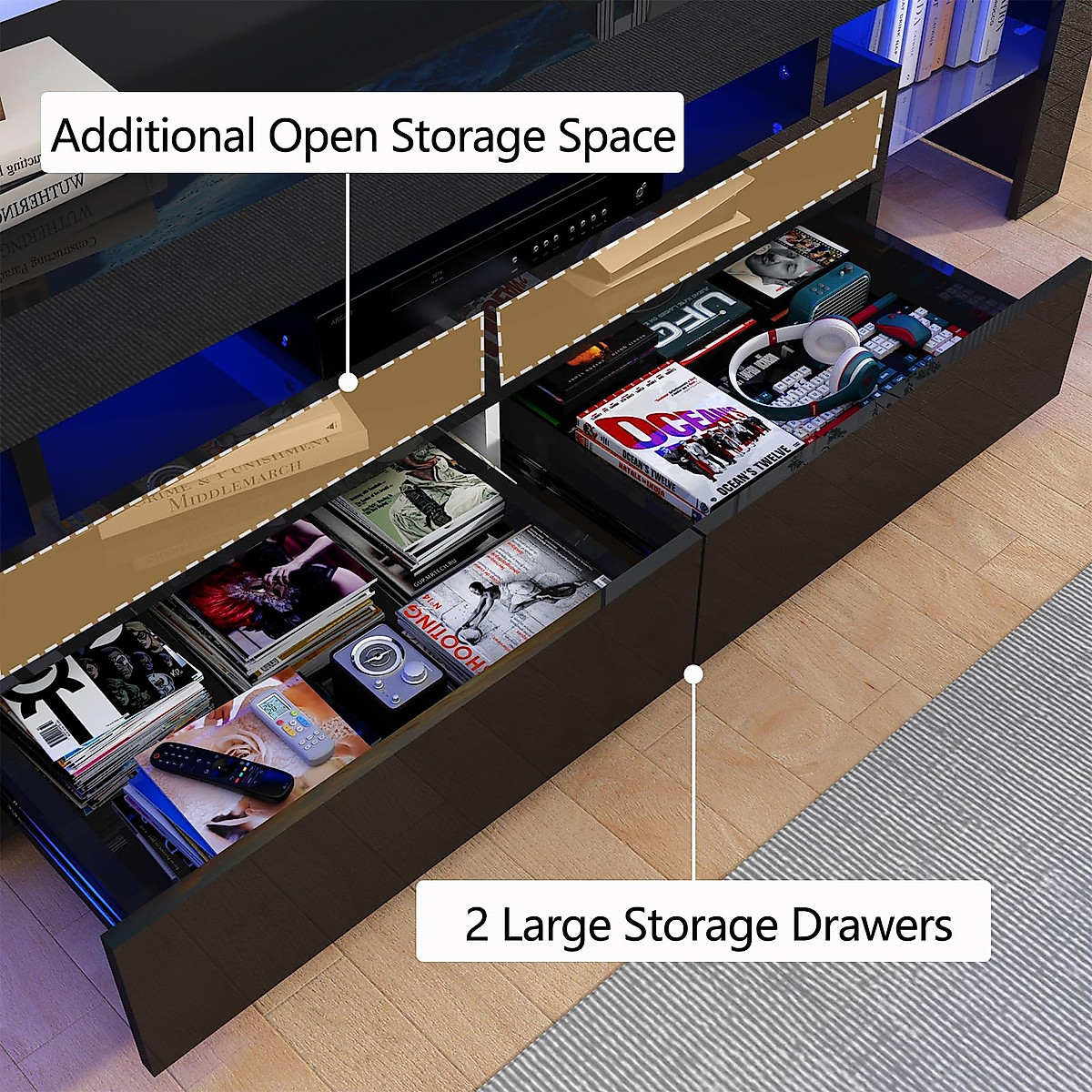 Uspeedy 70in TV Stand for 75/80 inch TV,Modern LED TV Stand for Living Room,Black TV Stand,High Gloss TV Entertainment Center with Storage Drawer,APP RGB Light,TV Console(71in Black)