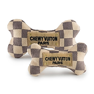Haute Diggity Dog Checker Chewy Vuiton Bone, Plush Designer Dog Toys with Interactive Squeaker, Stimulating Pet Enrichment, Machine-Washable & Safe Materials for All Breeds, Size Medium