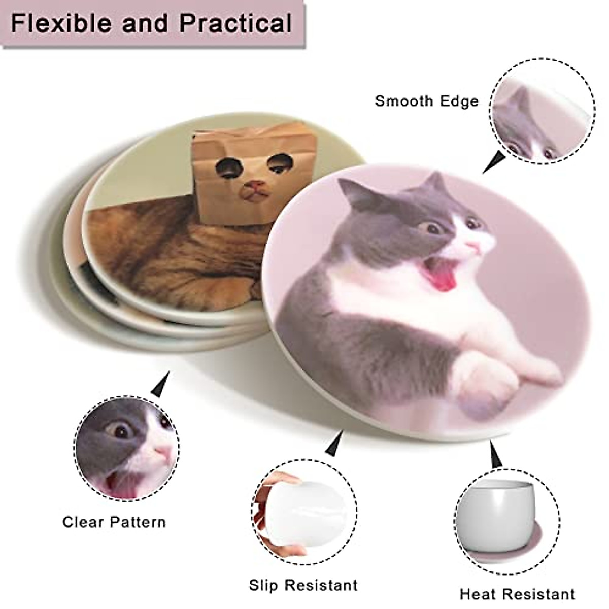 Funny Cat Coasters Pack, Set of 4 Cat Meme Drink Coaster, Non Slip Silicone Heat Insulation Cup Mats for Tabletop Protection, 4 Inches