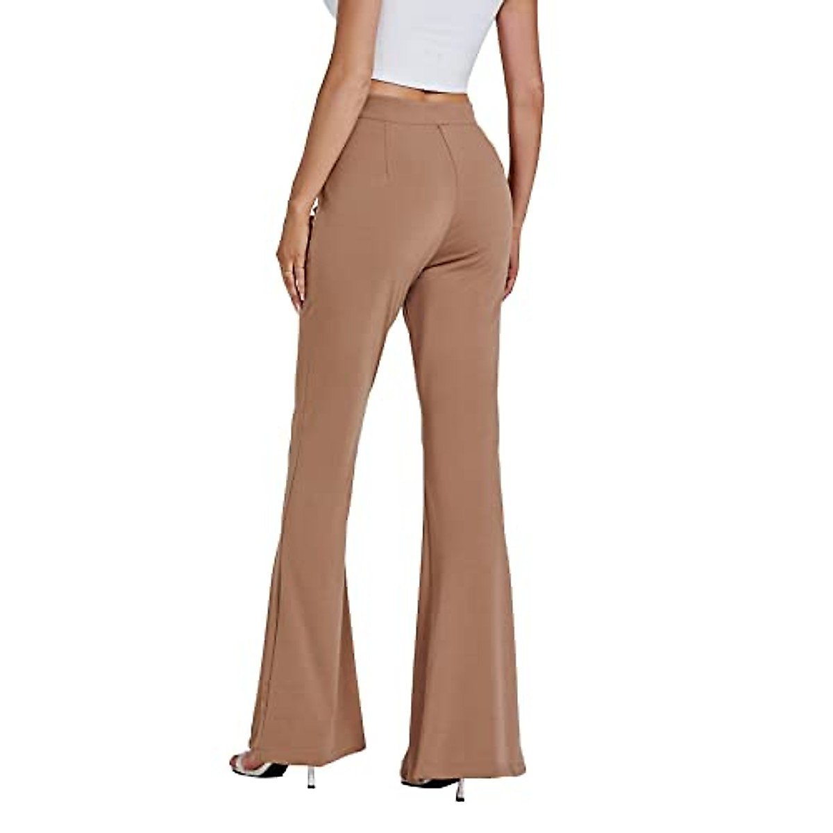 LYANER Women's Elastic High Waist Flare Leg Split Front Elegant Long Pants with Pockets Khaki X-Large
