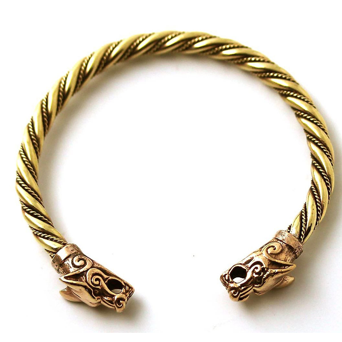 LynnAround Bronze Norse Nordic Viking Fenrir Wolf Head Twisted Cable Bangle Cuff Bracelet Arm Ring Pagan Jewelry (8 Inches)
