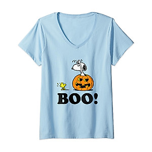 Womens Peanuts Halloween Snoopy Woodstock BOO! V-Neck T-Shirt