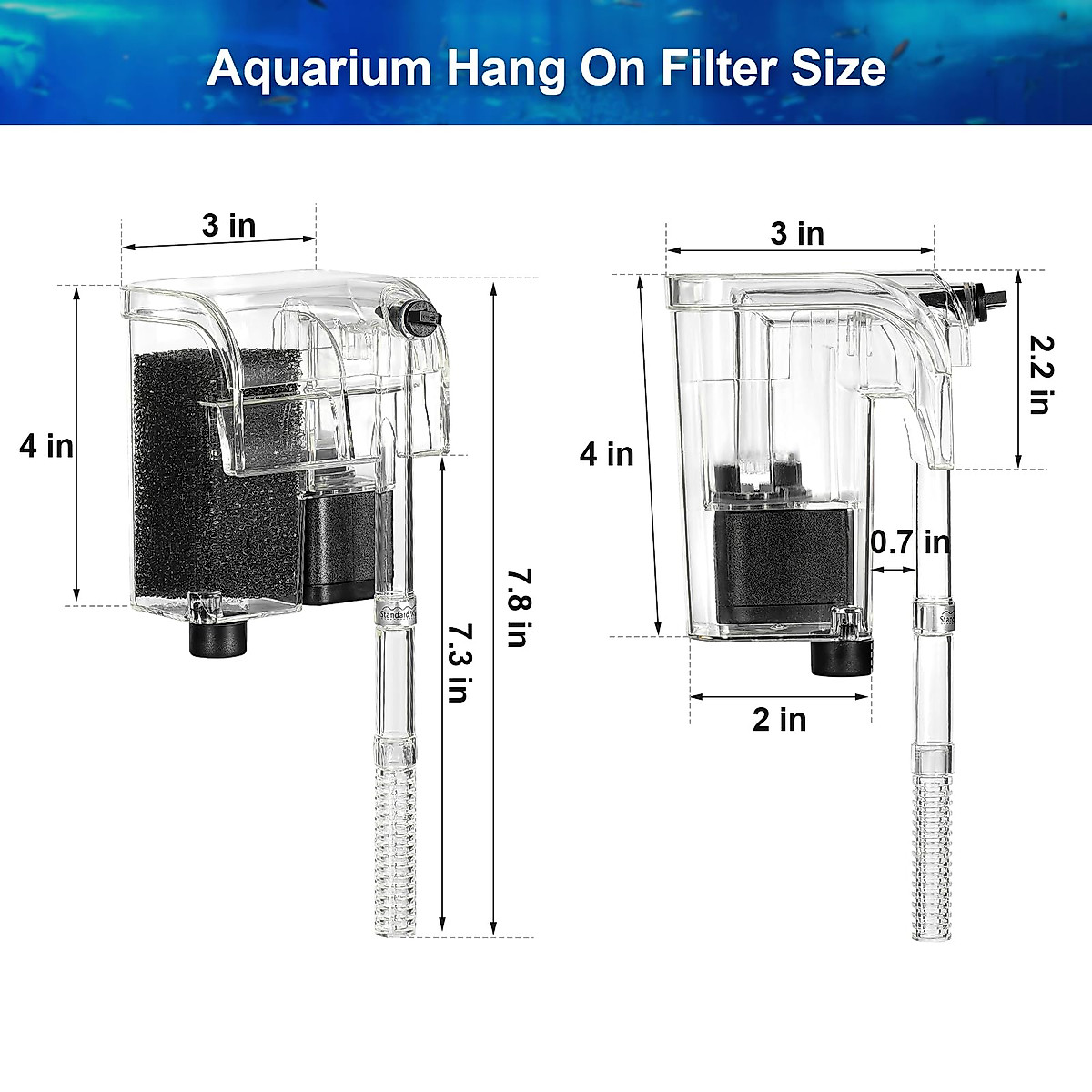 DaToo Aquarium Filter Hang On Waterfall Small Fish Tank Filter Quiet 66GPH 3W Adjustable Fish Tank Filters with Bio-Foam for 2 to 8 Gallons Aquariums
