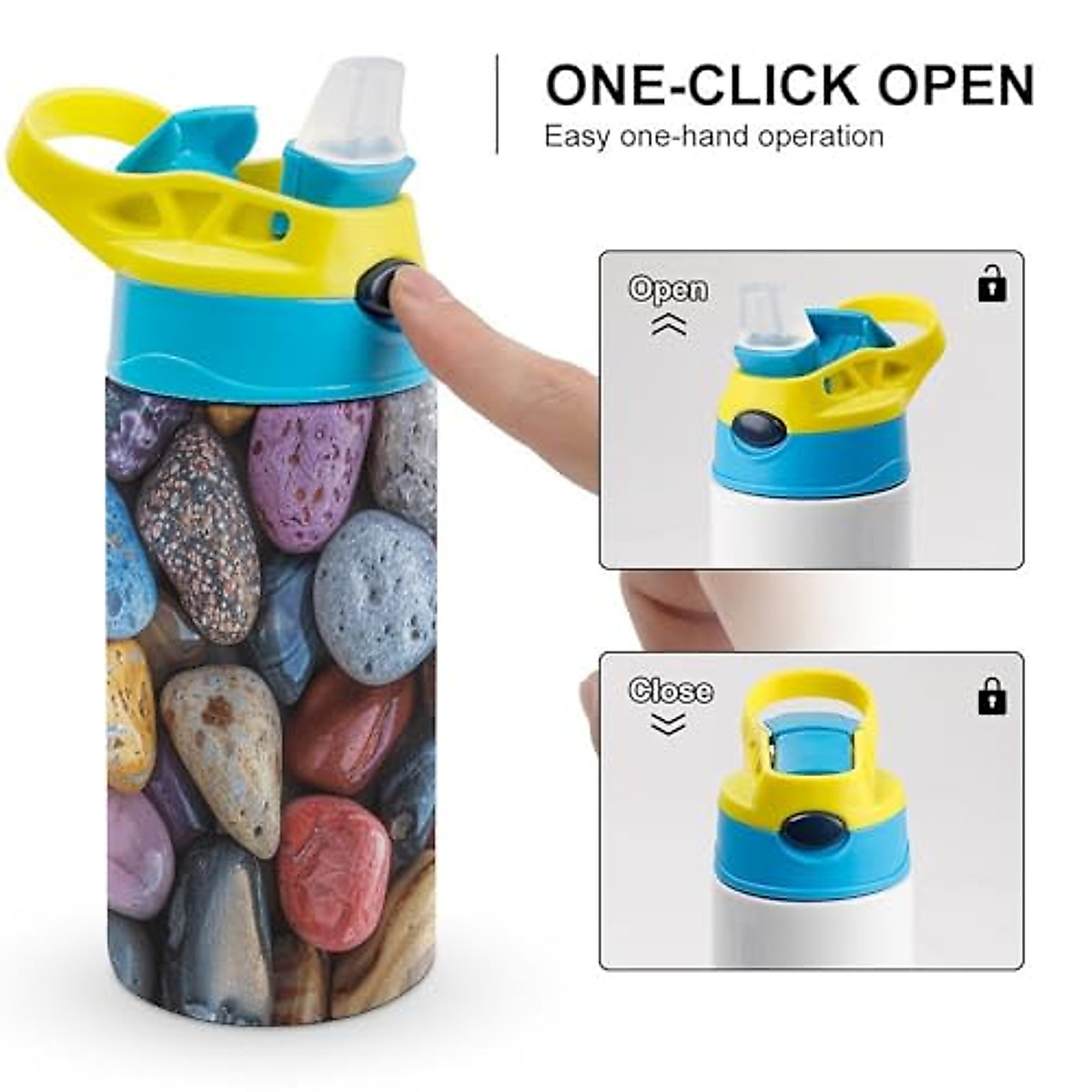 Stainless Steel Water Bottles Pebbles And Rocks Travel Water Cups with Handle And Silicone Straw Drinking Cup with Leak Proof Lid Thermo Travel Mug for Women Men