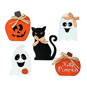 Halloween Wood Signs Decorations Halloween Wooden Signs Pumpkin Ghost Black Cat Freestanding Table Signs, Halloween Tiered Tray Decor for Rustic Farmhouse Home Mantle
