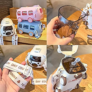 Portable Water Cup in Bus Shape with Strap, 16.9Oz Leak Proof Bus Shaped Water Cup Bottle, Portable Cute Bounce Flip Top Straw Drinking Bottle, Detachable Fun Cars Jug Toy for Camping (blue)