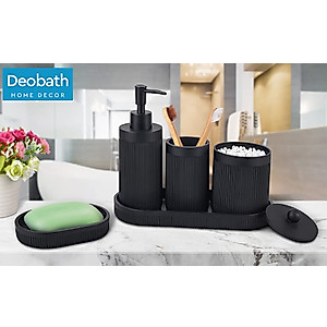 Bathroom Accessory Set,5 PCS Black Bathroom Accessories Set Complete with Lotion Soap Dispenser,Toothbrush Holder,Qtip Holder,Vanity Tray and Soap Dish,Bathroom Decor Countertop Organizer,Matte Black