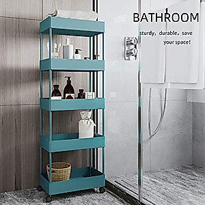 Generic 5-Tier Slide Out Storage Cart Mobile Slim Rolling Trolley on Wheels Space-Saving Shelf for Narrow Gap, Kitchen, Bathroom (Blue)