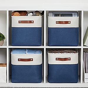 HNZIGE Fabric Cube Storage Bins Basket for Shelves Set of 4, Fabric Storage Cubes Baskets Closet Storage Bins for Cube with Handles, Cubby Storage Bins for Organizing Home Office (White Blue)