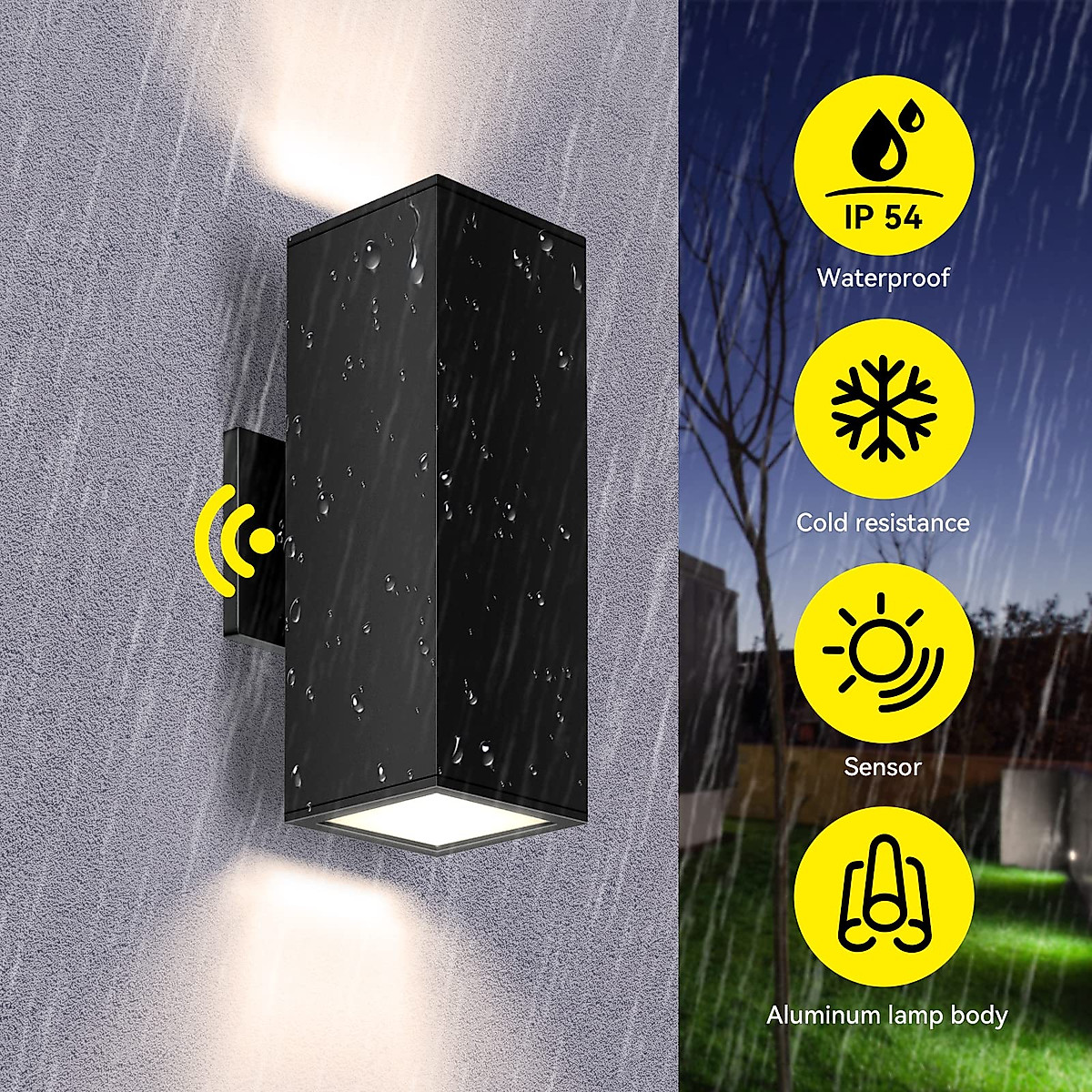 Tesjaso Dusk to Dawn Sensor Outdoor Wall Light Fixtures, LED Square Up and Down Lights, Modern Exterior Patio Lighting Sconce Aluminum IP65 Waterproof Lamp Dual Head NO Bulbs Wall Lantern