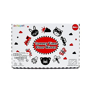 Dr.Rapeti Tummy Time Floor Mirror for Baby Infant Toddler Kids Black and White High Contrast Baby Toy with Crinkle Cloth Book Teethers Floor Activity Toy Washable Non-Toxic