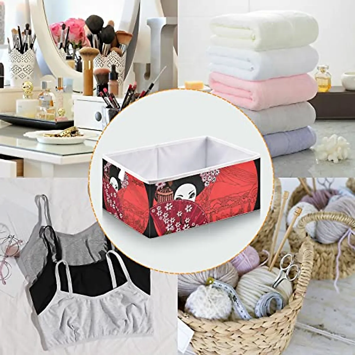 Japanese Woman Girl Hairstyle Cherry Blossoms Mount Fuji Red Style Rectangular Storage Basket Bin, Collapsible Storage Box, Foldable Nursery Baskets Organizer for Toy, Clothes Easy to Assemble